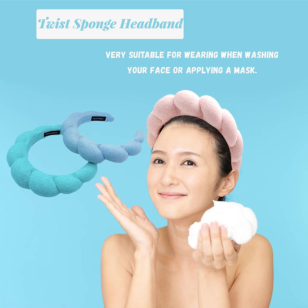 S-SNAIL-OO 3PCS Spa Headband for Women - Sponge & Terry Towel Cloth Fabric Head, Creative Handmade Twist Sponge Headband, New Headwear for Skincare, Face Washing (Pink&Green&Blue)