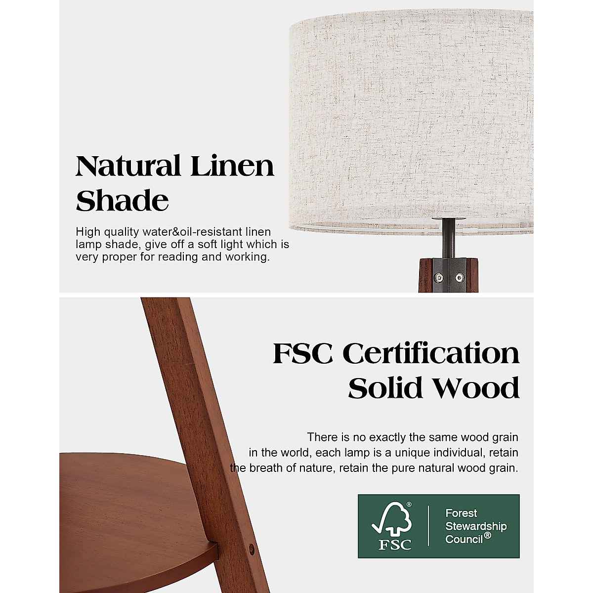 ELYONA Tripod Floor Lamp with Table, Rubber Wood Tall Standing Light, Mid Century Modern Corner Shelf Reading Floor Lamp with Drum Shade for Living Room, Bedroom, Office, LED Bulb Included, Brown