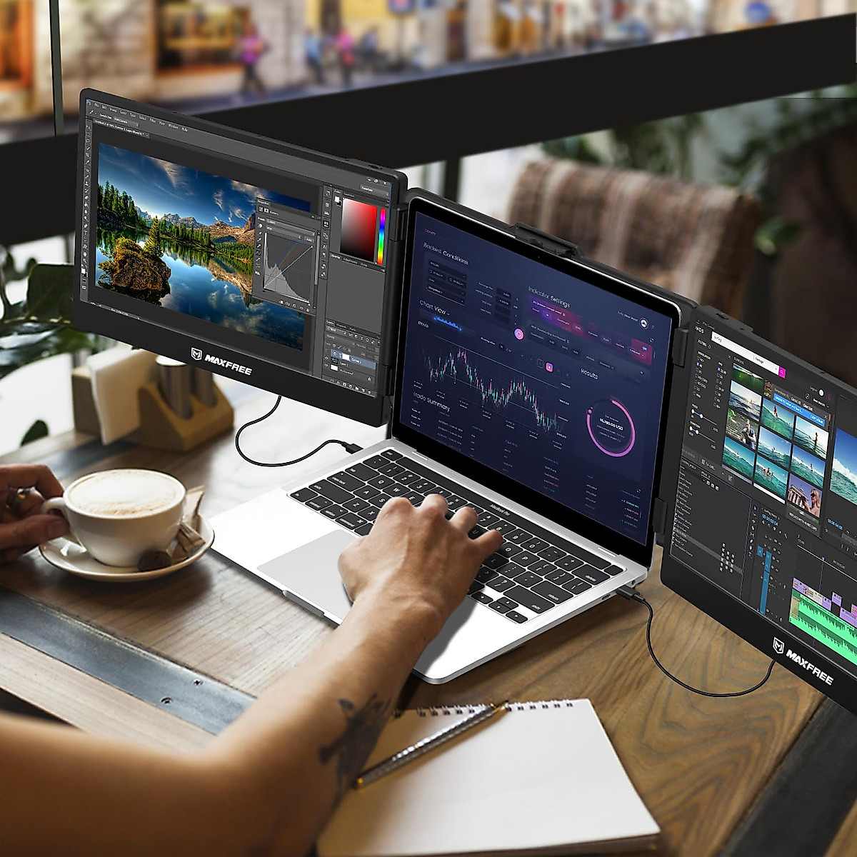 Maxfree S2 Laptop Screen Extender, 14'' Laptop Monitor Extender Plug & Play, 1080P FHD Triple Portable Dual Monitor for 13-17'' Laptops, Compatible with Windows/Mac/Surface/Android/Switch