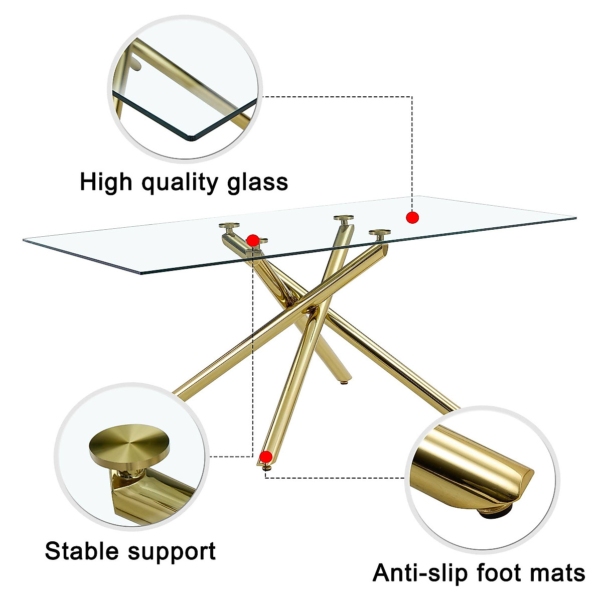 WEKEOT Modern 71’’ Dining Table Set for 6 Kitchen Table Set Kitchen Table and Chairs Tempered Glass Table and Chairs Dining Room Table Set comedor de 6 sillas y mesa(Golden Table, 6 Black Chairs)