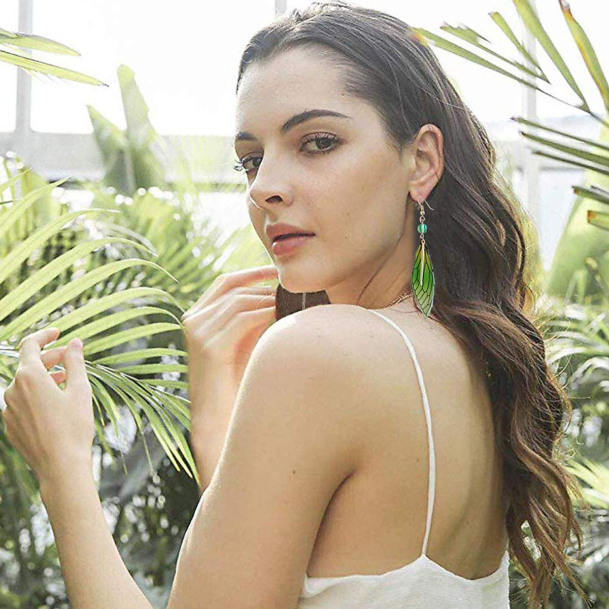 Unique Asymmetry Big Monarch Colorful Butterfly Wing Drop Dangle Earrings Crystal Dragonfly Wing Earrings Fashion Insect Jewelry For Women Gifts (Green)