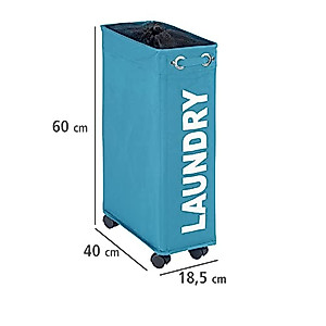 WENKO Corno Slim Laundry Basket with Wheels, Thin Laundry Hamper, Rolling Laundry Bin with Lid, Space Saving Narrow Laundry Hamper for dirty Clothes Storage, 23.6 x 15.7 x 7.3 inch, Petrol