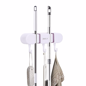 Bntyok Broom Holder with 2 Slots & 3 Hooks Heavy Duty Garden Tool Organizer Broom Hanger Wall Mount for Home Laundry Room Kitchen Closet Shed Garage Organization and Storage - White