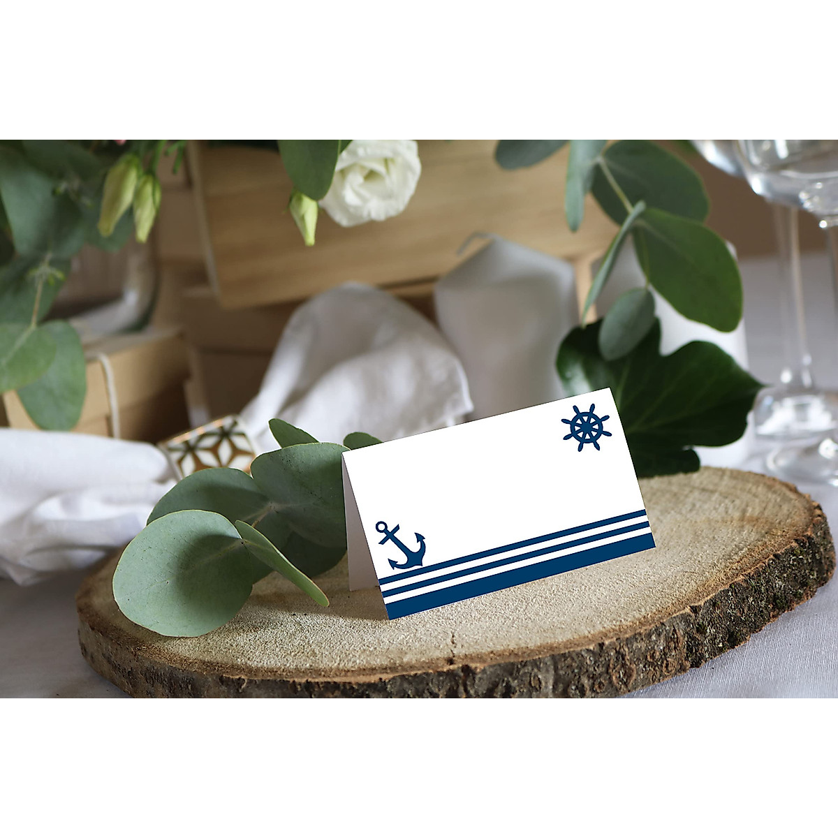 Nautical Place Cards - 25 Pack - Nautical Food Cards. Blue Anchor and Captain’s Wheel over Stripes Design, for Dinner Parties, Banquets, Cocktail Parties, Buffet. 2” x 3.5”. Scored for Folding.