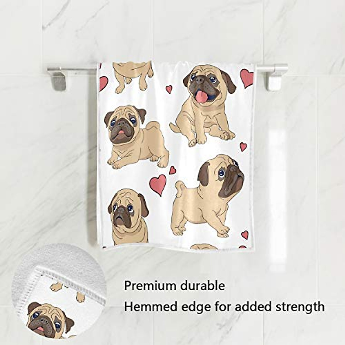 MOYYO Funny Cartoon Dogs Pugs Puppies Hand Towel Soft Highly Absorbent Large Hand Towels 15 x 30inch Fingertip Towels Bath Towel Multipurpose for Hand Face Bathroom Gym Hotel Spa