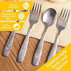 HAKSEN Stainless Steel Toddler Utensils Set, 12PCS Kids Safe Forks and Spoons with Bunny and Puppy Motifs, Mirror Polished & Dishwasher Safe