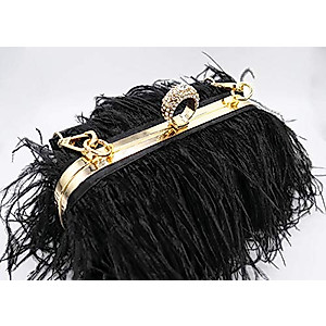 QEBURI Women Fluffy Ostrich Feather Evening Dress Clutch Bag Purse Shoulder Bag (Black)
