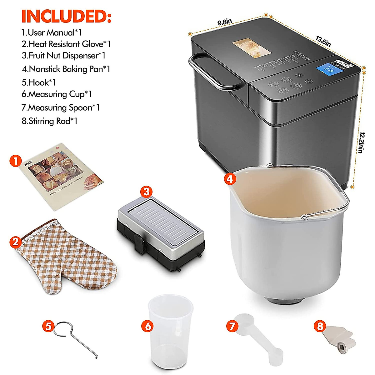 KBS 17-in-1 Bread Maker,710W Dual Heaters Bread Machine,2LB Stainless Steel Bread Maker Machine with Nut Dispenser&Ceramic Pan,15H Timer&1H Keep Warm,Gluten-Free,Touch Panel,3 Loaf Sizes3 Crust Colors