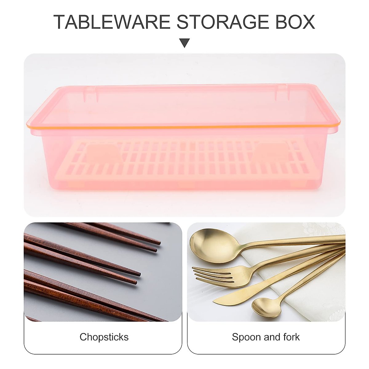 DOITOOL Flatware Tray with Lid and Drainer, Tableware Utensil and Cutlery Drawer Organizer with Lid Covered Silverware Tray to Keeps Your Cutlery Organized and Protected (Pink)