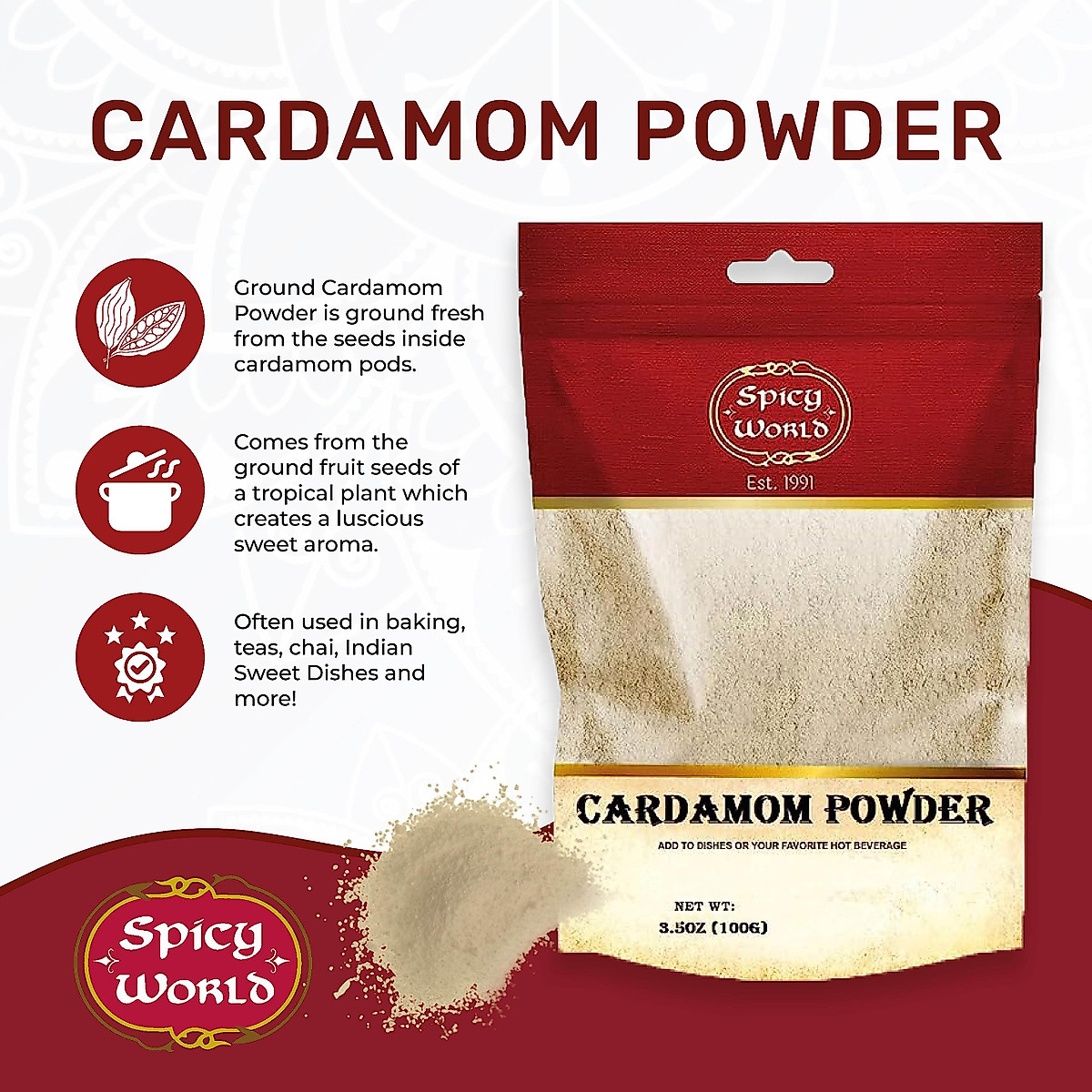 Spicy World Ground Cardamom Powder (Cardamon) 3.5 Ounce Bag