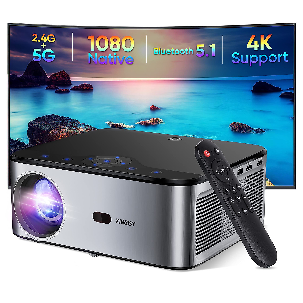 XIWBSY Projector with WiFi and Bluetooth Native 1080P 500 ANSI Full HD Portable Projector for Home Theater Gaming,Compatible with iOS/Android/TV Stick/PS4/HDMI/USB/PPT