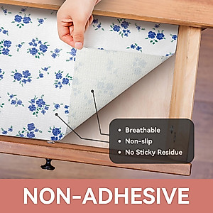 RAY STAR Shelf Liner, 18 Inch x 8 Feet Non Adhesive Blue Floral Kitchen Cabinet Liner for Pantry Drawer Vanity, Strong Grip Non Slip Waterproof, Shelf Liners for Kitchen Cabinets Cupboard