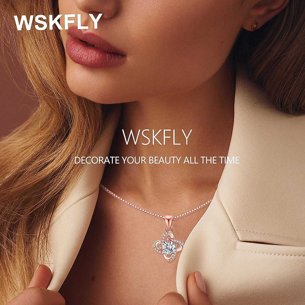 WSKFLY 14K Gold Plated Cubic Zirconia Necklace, Love Knot Diamond Pendant Necklace for Women (Rose Gold)