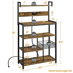 Yaheetech Bakers Rack with Power Outlet, Microwave Stand with Wire Basket & 6 S-Hooks, Coffee Bar Station w/5-Tier Storage Shelves, Storage Shelf Unit for Dinning Room/Living Room, Rustic Brown