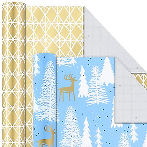 Hallmark Holiday Wrapping Paper Bundle with Cut Lines on Reverse, Quirky Christmas (Pack of 4, 120 sq. ft. ttl) Yeti, Santa, Penguin, Snowflakes, Blue, Gold