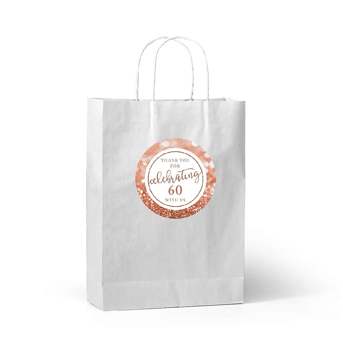 Andaz Press Glitzy Faux Rose Gold Glitter Round Sticker Labels, Thank You for Celebrating 60 with Us, 60th Birthday or Anniversary, 40-Pack