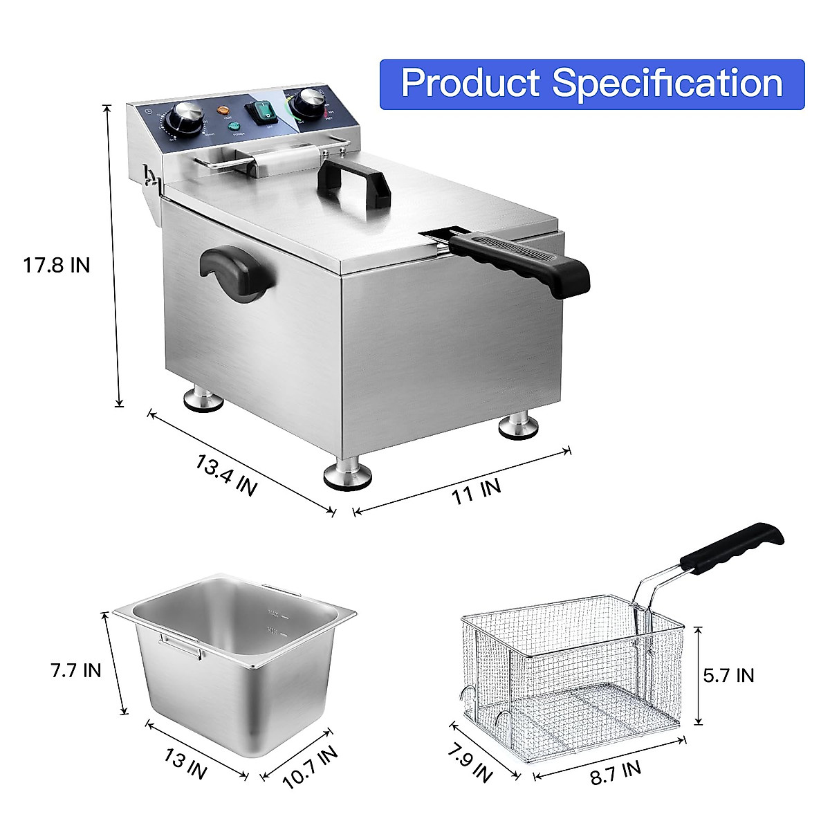WaterElfo Electric Deep Fryer - 13L 13.7QT Commercial Deep Fryer 1800W 120V18.7Pounds withTroperature Control and Timer Large Basket Fryer for Commercial and Domestic Kitchens