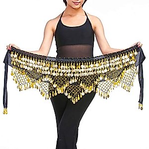 ARTIBETTER Bellydance Hip Scarf with Gold Coins Skirts Wrap Belly Dancing Hip Scarf for Zumba Yoga Class (Black, Free Size)