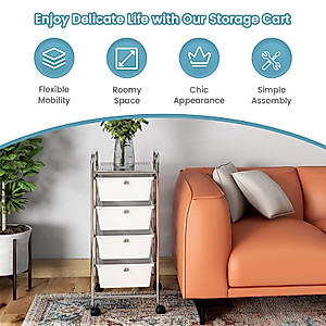 COSTWAY Rolling Storage Cart with 4 Drawers, Plastic Storage Cart and Organizer w/ 4 Removable Drawers, Multipurpose Organizer Cart for Home Scrapbook Paper Office School Tools (White)