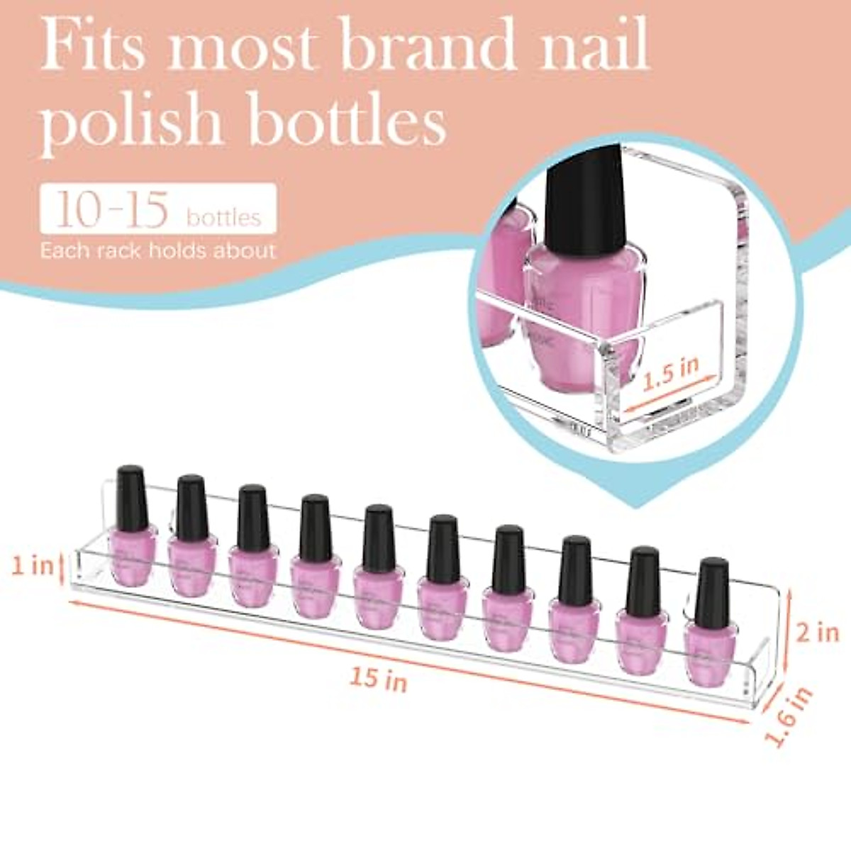 FEMELI Nail Polish Wall Rack: 6 Shelves 15 Inch Clear Acrylic Nail Polish Organizer for 66-90 Bottles Multi-Purpose Acrylic Floating Shelves (15 Inch, Clear)