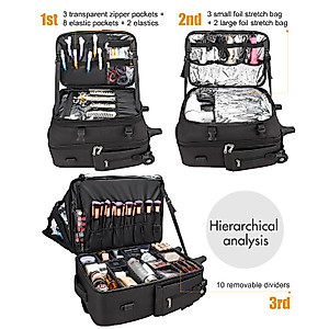 Relavel Barber Travel Backpack, Rolling Makeup Train Case Hairstylist Traveling Bag for Hairdressers and Makeup Artists, Heat Insulation Layer and Adjustable Dividers Cosmetology Case on Wheels
