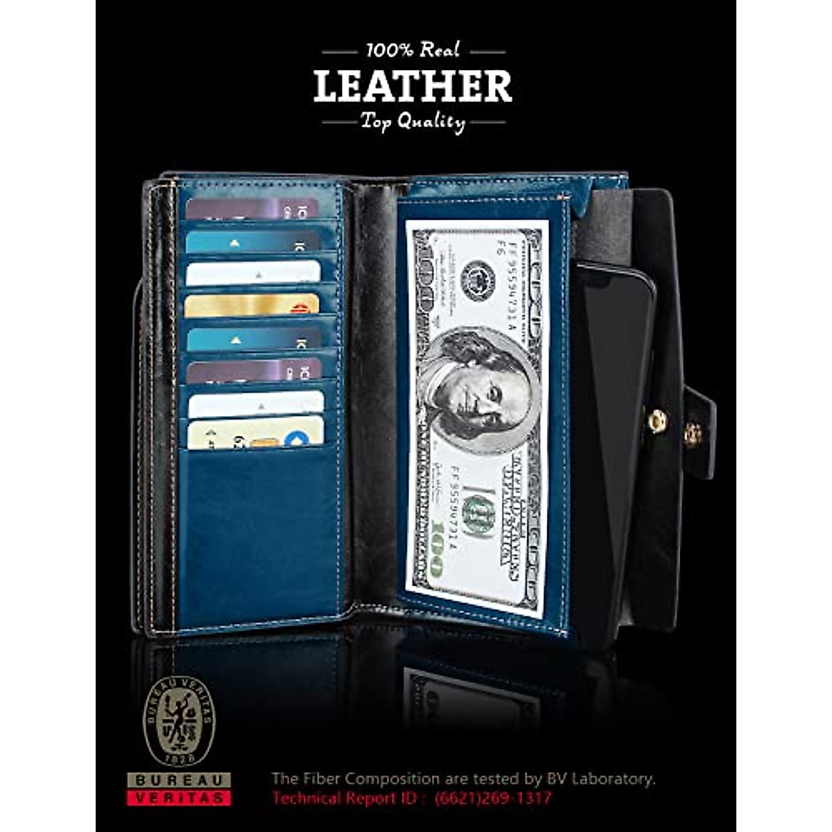 Demon&Hunter Women's RFID Blocking Large Capacity Luxury Wax Genuine Leather Purse Wallet Sapphire Blue DZA2083U