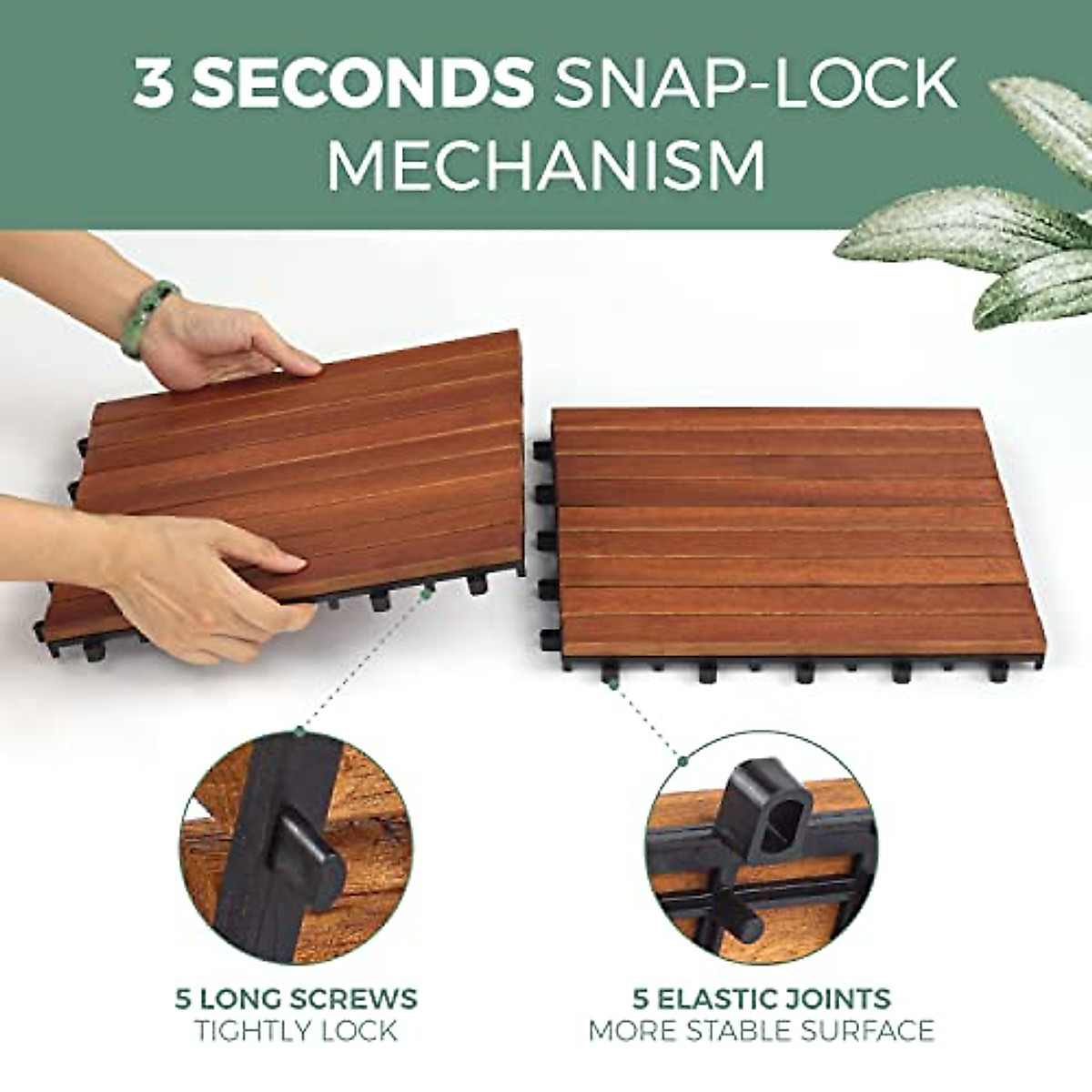 Wood Interlocking Flooring Tiles (Pack of 10, 12" x 12"), Solid Wood Acacia Deck Tiles Interlocking, Patio Tiles Outdoor Interlocking Waterproof All Weather (9 Slat, Dark Brown Color)