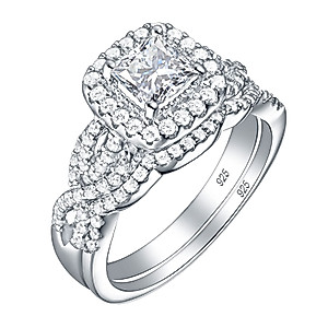 Wuziwen Princess Cut Engagement Ring Wedding Band Set 925 Sterling Silver Cubic Zirconia Cz Size 7