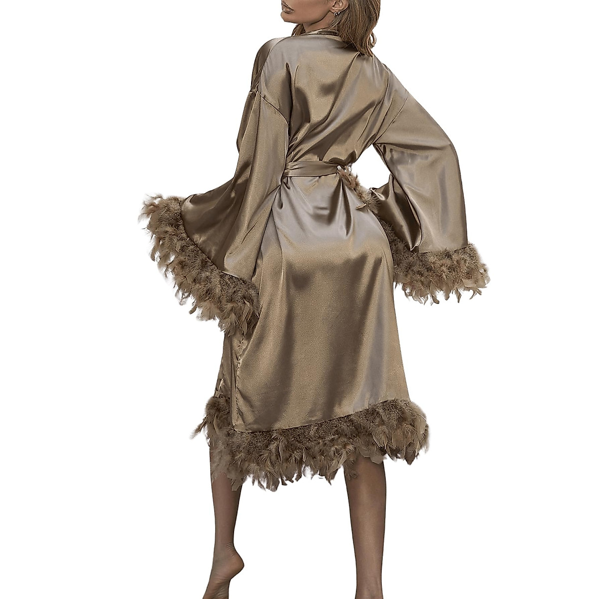 WDIRARA Women's Long Sleeve Satin Fuzzy Trim Robe Bridesmaid Robe Wedding Party Robe Bronze M