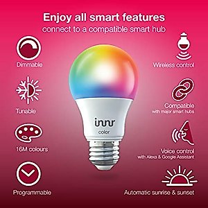 innr Color Smart Bulb A19, Works with Philips Hue, Alexa, Hey Google, SmartThings (Hub Required), Zigbee, Lights, Dimmable RGBW LED Light Bulbs A19 with E26 Base, 60W Equivalent, 2-Pack, AE 280 C-2