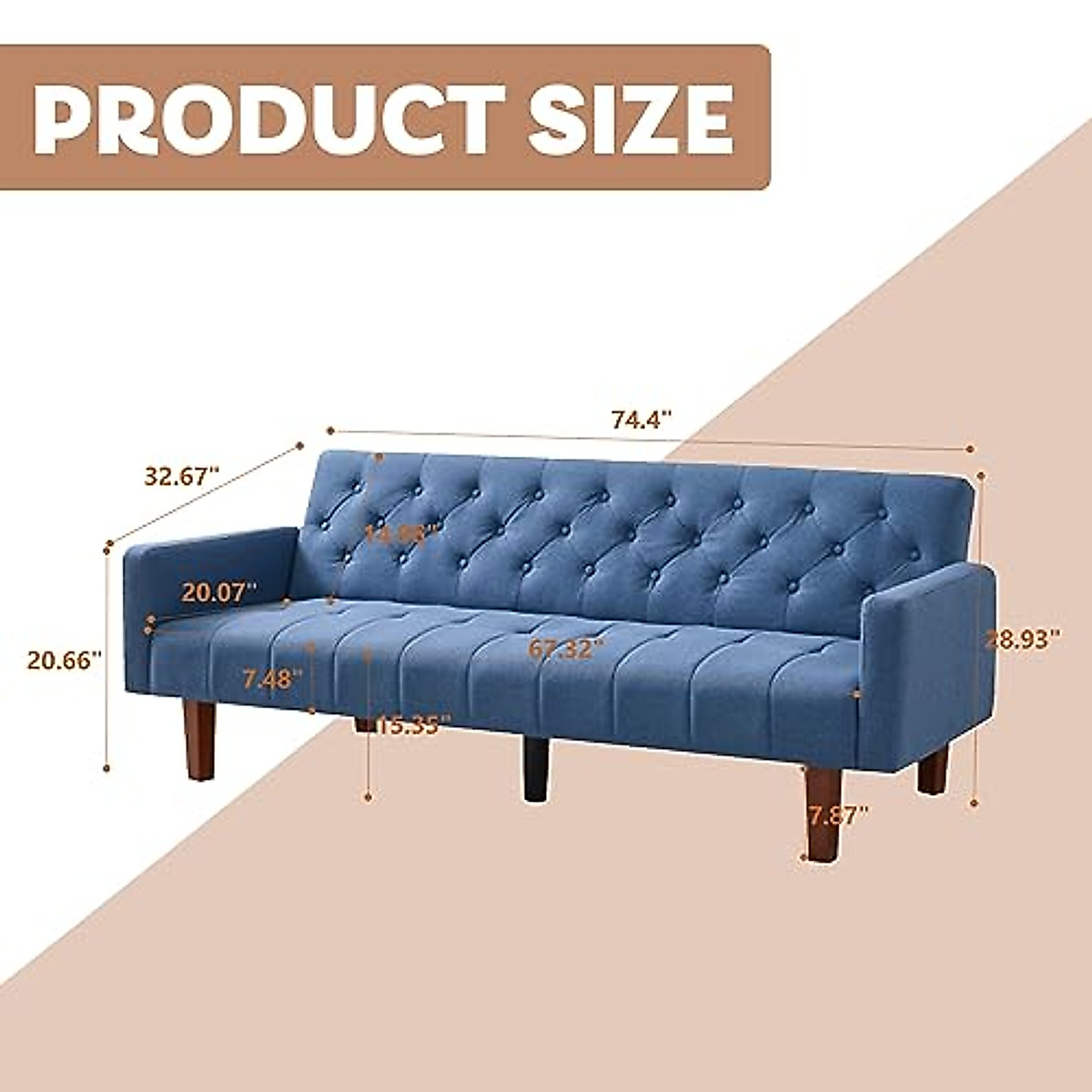 Fangflower Blue Tufted Back Sofa Bed Mid-Century Convertible Sleeper Futon with Tapered Wood Legs for Living Room Apartment Lounge