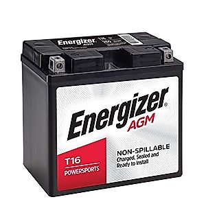 Energizer T16 AGM Motorcycle and Personal Water Craft 12V Battery, 260 Cold Cranking Amps and 19 Ahr. Replaces: T16 and others, Black