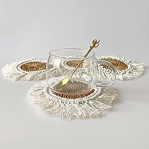 ConspiringUniverse Rattan Macrame Boho Coasters | Bohemian Set of 4 Table Decor Cute Coaster Woven with Flat Absorbent Center for Desk, White, Tan
