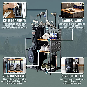 Teal Triangle Freestanding Golf Club Organizer, Stylish Heavy Duty Garage Storage Floor Stand, Holds 1 Golf Bag Shoes Clubs Balls and More