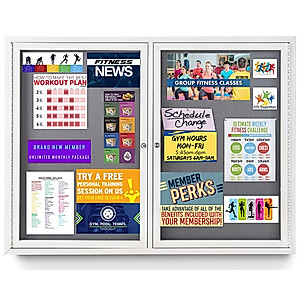 Displays2go 4' x 3' Enclosed Message Board, Sliding Doors, Locking, Gray Fabric - White (FBSW43WHLG)