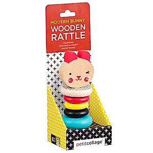 Petit Collage Wooden Baby Rattle, Bunny – Cute Wooden Rattle for Babies 6+ Months – Activity Toy with Vibrant Colors and Patterns for Developmental/Grasping Stages – Makes an Ideal Baby Gift