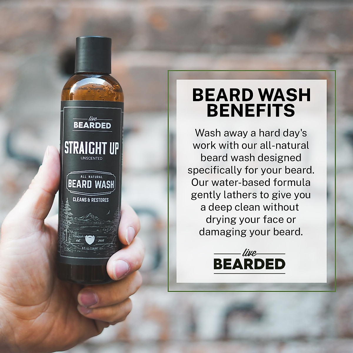 Live Bearded Beard Wash, 8 fl oz - Water-Based Face Cleanser with All-Natural Ingredients for a Gentle, Deep Clean - Made in the USA | Straight Up Unscented - Fragrance-Free