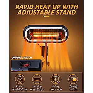 KUTON Outdoor Electric Heater, 1500W Infrared Patio Heater, Standing Indoor Heater with Telescopic Tripod, Tip-Over & IP65 Waterproof For Garage Backyard, Angle Adjustable, YD-SH-B