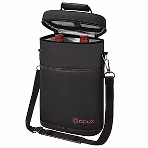 OPUX 2 Bottle Wine Carrier Tote, Insulated Leakproof Wine Cooler Bag, Wine Travel Bag Tote for Picnic BYOB Beach, Portable Wine Bottle Carrying Case, Gift for Wine Lover Women Men Christmas, Black