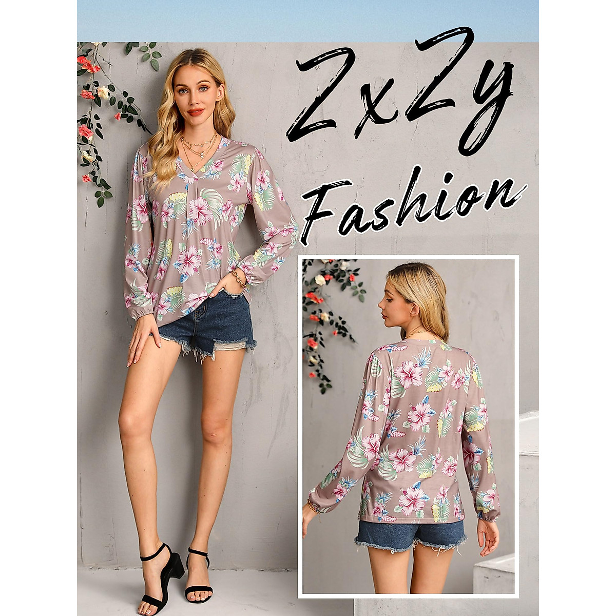 ZXZY Womens Hawaiian Shirt Vintage Leaf Floral Printed Tropical Tops V Neck Puff Long Sleeves Shirts Coffee