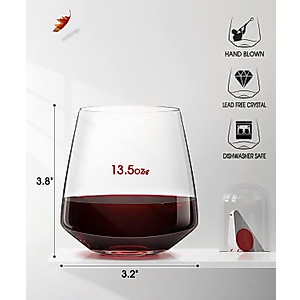 Stemless Wine Glasses Set of 4-13.5oz，Hand Blown Red White Wine Glasses - Unique gifts for him/her for Birthday, Wedding, Christmas, father's day, anniversary