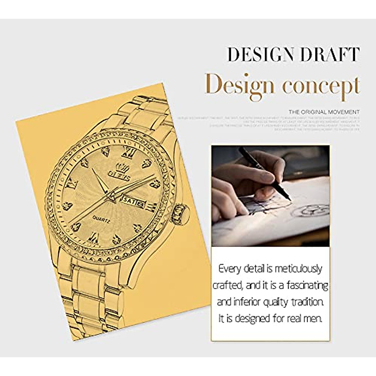 OLEVS Gold Watches for Men Diamond Luxury Wrist Watch Valentines Gifts Set Waterproof Stainless Steel Big Face Luminous Classic Casual Dress Day Date Calendar Analog Quartz Watch for Young Male