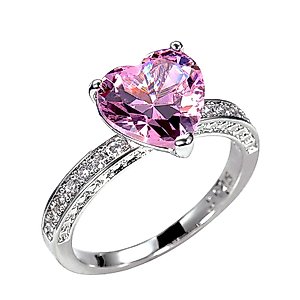 Women's Promise Rings Heart Shape Zirconia Diamond Engagement Eternity- Men's Punk Stacking Proposal Statement Anniversary Ring Bridal Wedding Band Rings Girl Jewelry Gift Size 6-10 (Pink, 9)