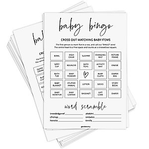 Baby Shower Bingo Game (50 Unique Cards), Pre-Filled, Baby Shower Games, Added Word Scramble (Minimalist)