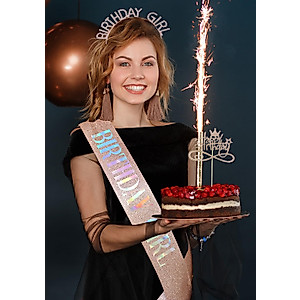 DOCOONIVER Rose Gold Birthday Headband for Women,Birthday Girl Sash and Crown for Girls and Women,Birthday Gift for Her,Happy Birthday Cake Topper,Accessories for Birthday Decorations.