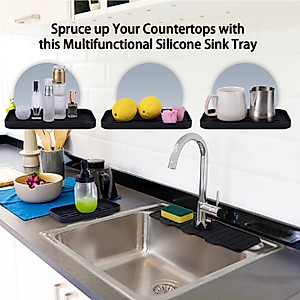 Deehas 2in1 Premium Silicone Kitchen Sink Splash Guard with Matching Sink Tray-3 Big Drains & a Hanging Hole, Perfect Faucet Handle Drip Catcher Tray, Counter Protector & Organizer-Black