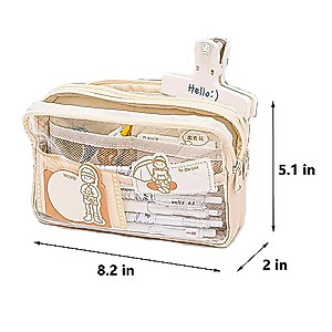 Clear Cute Pencil Case Kawaii Pencil Case Multi-Layer Aesthetic Pencil Pouch Marker Case Holder Storage Bag (Beige)