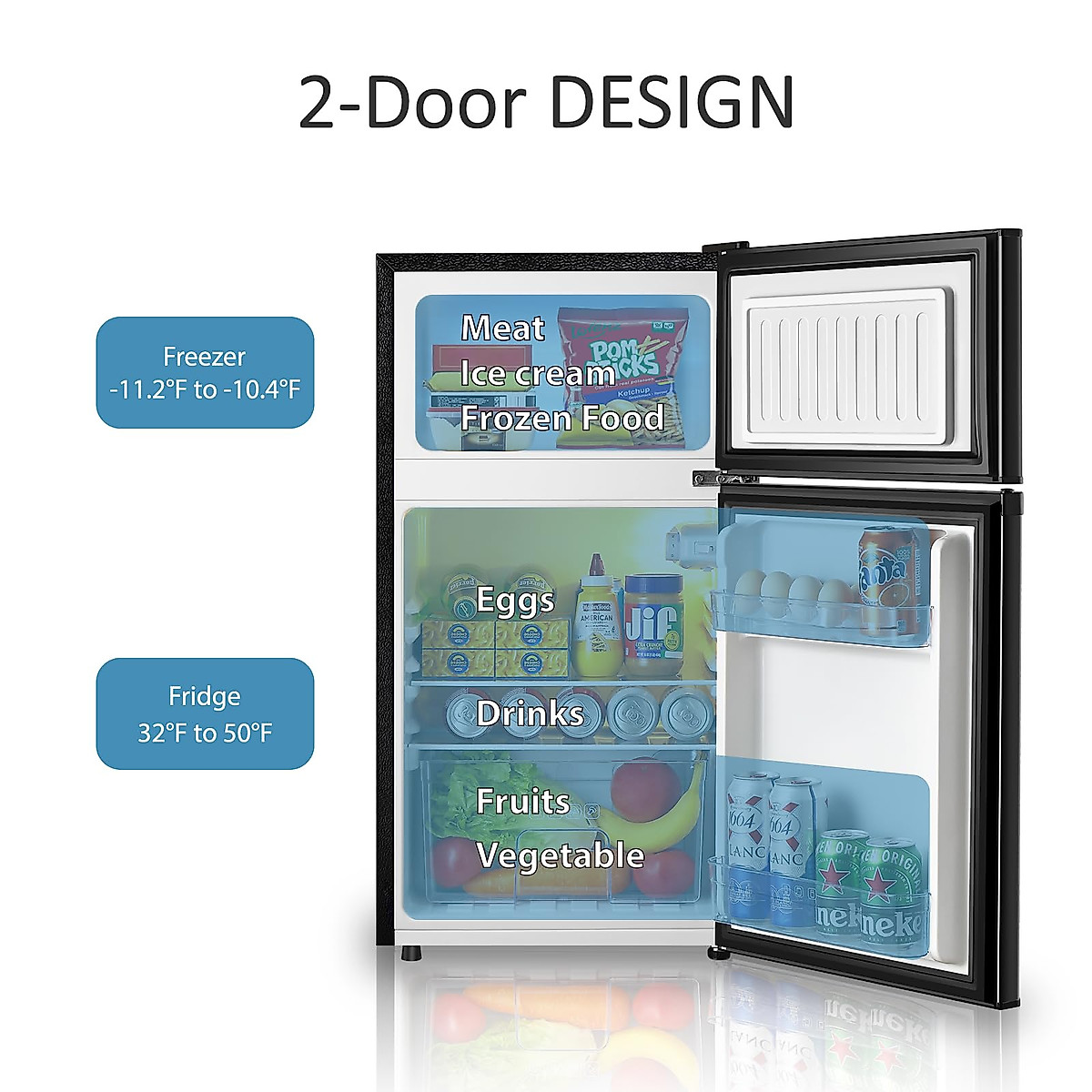 Saeoola Mini Fridge with Freezer, 3.2 Cu.Ft, 2 Doors Compact Mini Refrigerator with Separate Freezer for Dorm, Bedroom, Office, Apartment with 7-Level Temperature Control, Removable Shelves (Black)