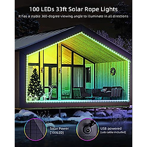 LOGUIDE Solar Rope Lights 33ft 11 Colors Changing Outdoor 100 LED Remote Twinkle Rope Tube Fairy Lights Rope Tube Lights Christmas Wedding Party Yard Waterproof(Rope Lights Multicolor)