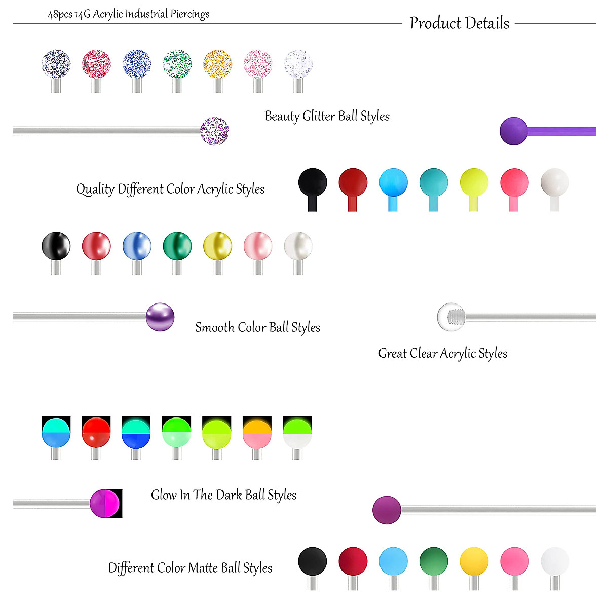 EVELICAL 48Pcs 14G Acrylic Industrial Barbell Earrings for Women Men Cartilage Helix Body Piercing Jewelry 38mm 1&1/2 Inch Piercing Bar Style A